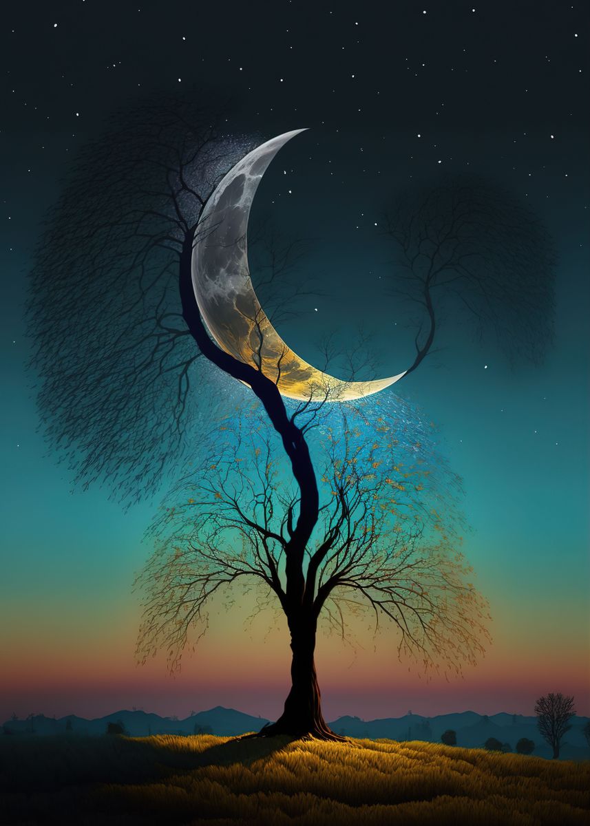 'Silhouette Tree and Moon ' Poster, picture, metal print, paint by ...