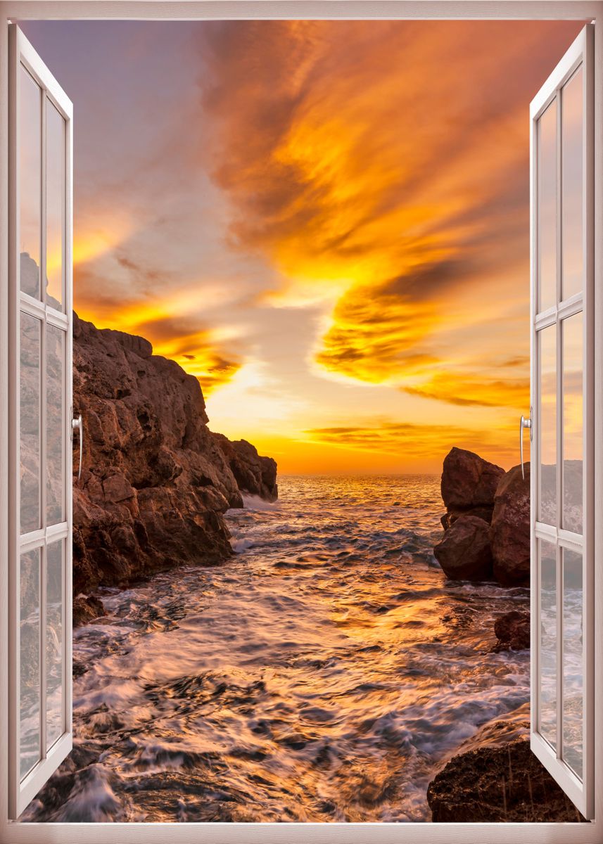 'Window view sunset coastal' Poster, picture, metal print, paint by ...
