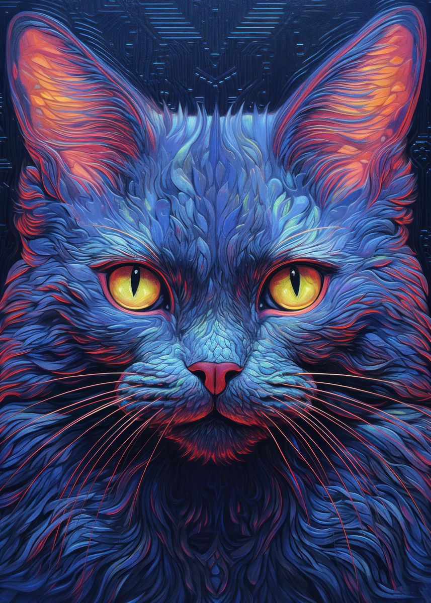'Blue Neon Cat Closeup' Poster, picture, metal print, paint by ...