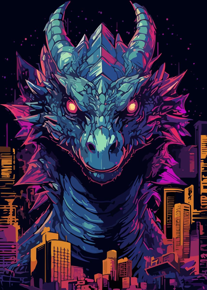 'Cyberpunk Dragon Retrowave' Poster, picture, metal print, paint by Art Jiyuu | Displate