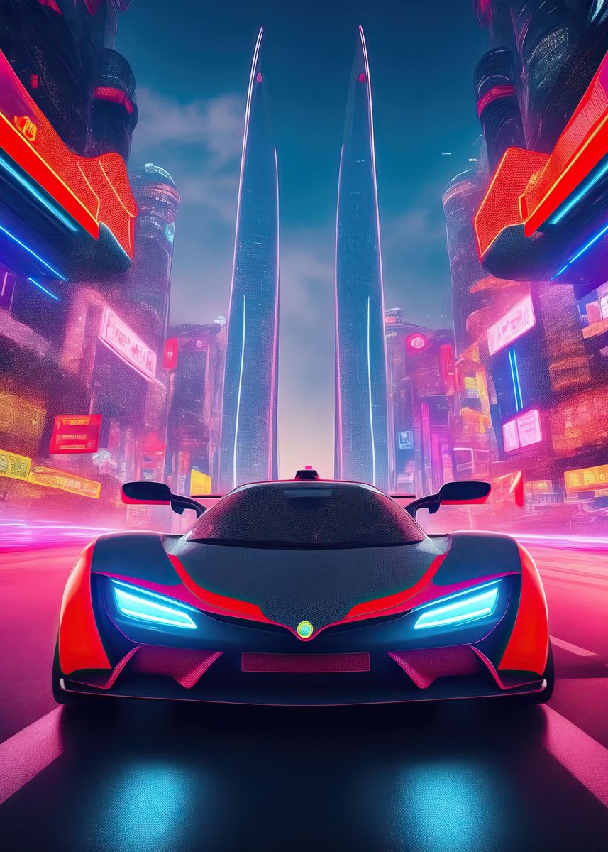 'Asian Neon City Sports Car' Poster by jodotodesign | Displate