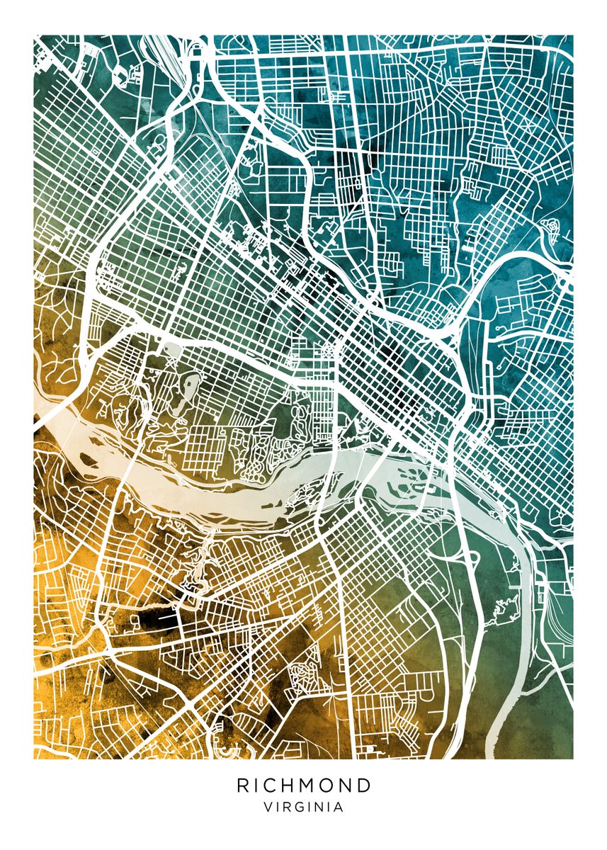 'Richmond Virginia Map' Poster, picture, metal print, paint by Michael ...