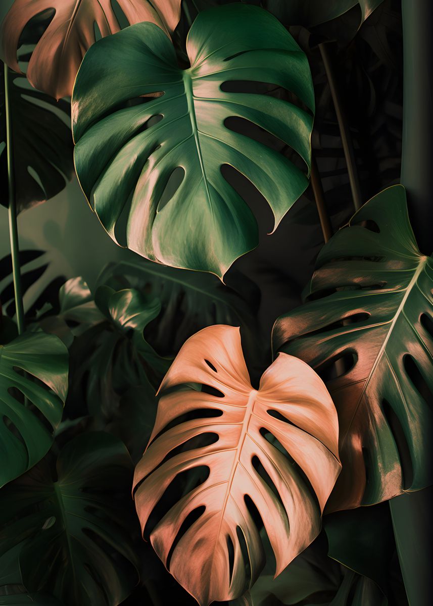 'Pink Monstera Leaves' Poster, picture, metal print, paint by Husti ...