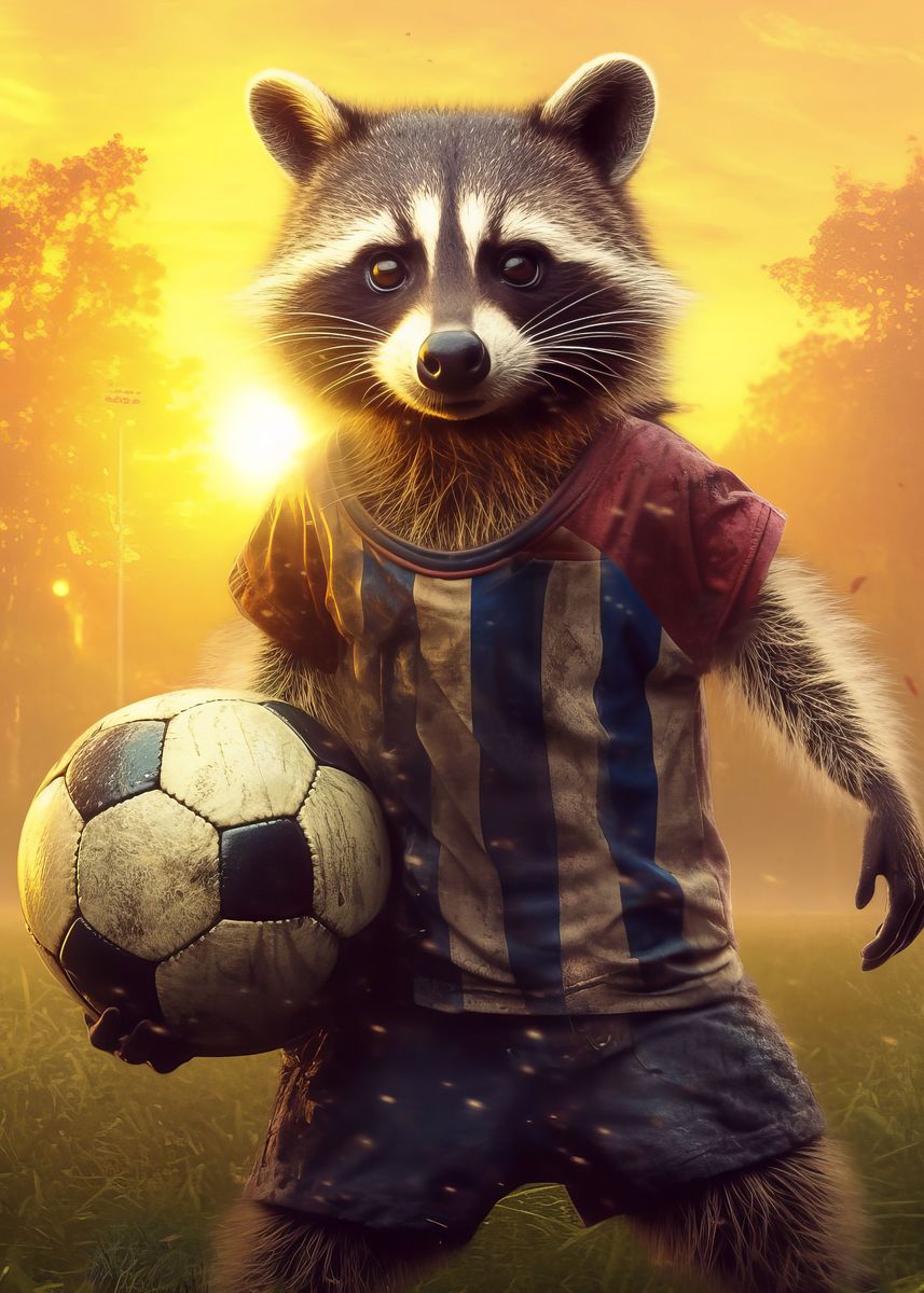 'Football player racoon' Poster, picture, metal print, paint by ...