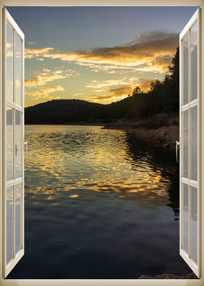 'Window view lake sunset' Poster, picture, metal print, paint by Vicen ...