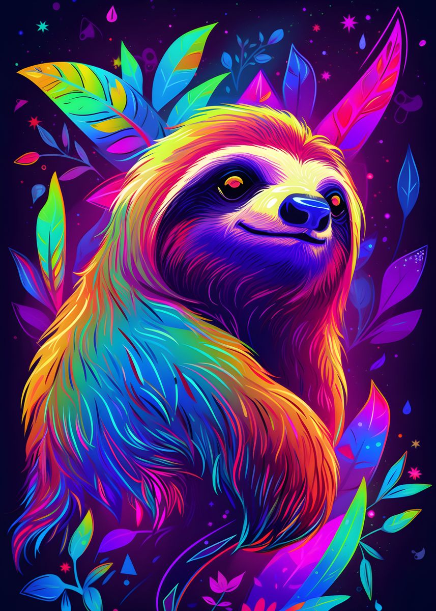 'Neon Sloth' Poster, picture, metal print, paint by Makadur | Displate