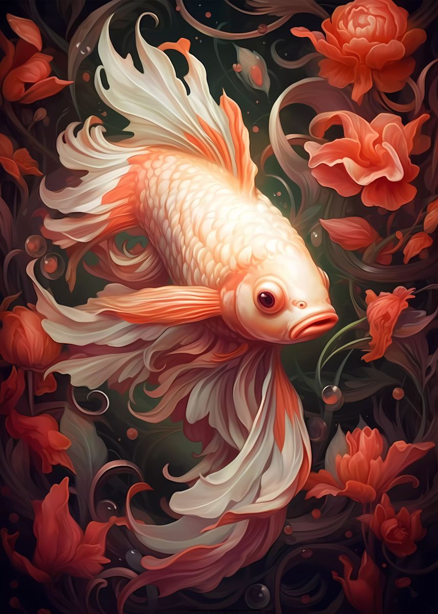 ' The red flower fish' Poster, picture, metal print, paint by IHTI ...