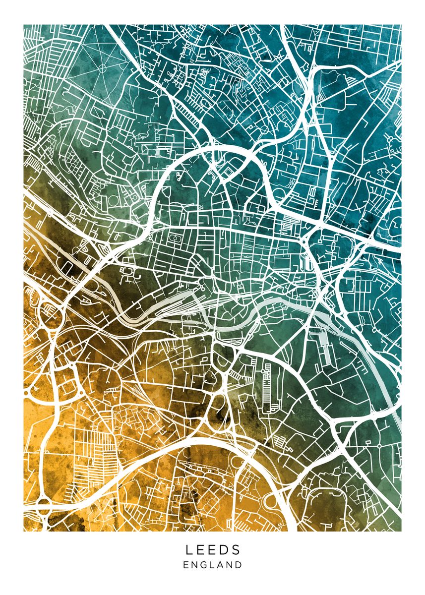 'Leeds England Map' Poster, picture, metal print, paint by Michael ...