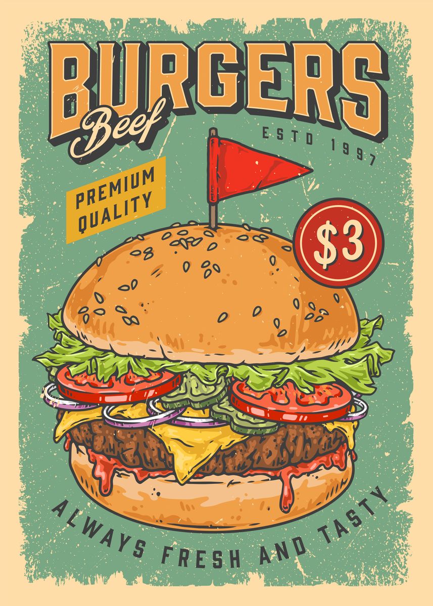'Beef Burgers Vintage Retro' Poster, picture, metal print, paint by ...