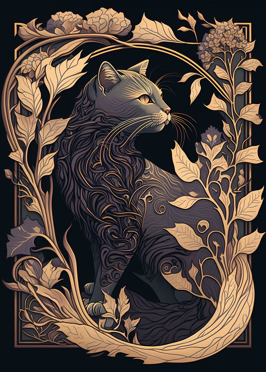 'Leaves Glod Cat' Poster, picture, metal print, paint by Blackman ...