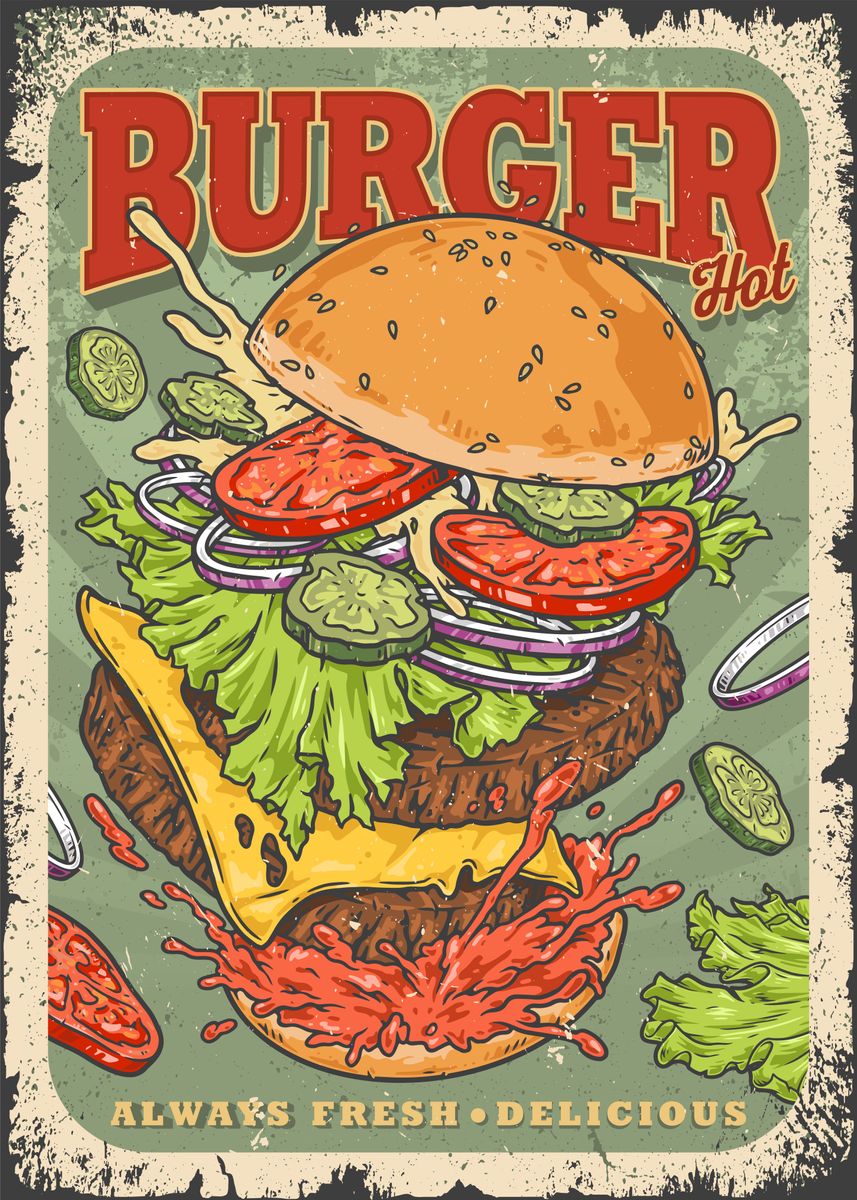 'Beef Burger Menu Vintage' Poster, picture, metal print, paint by ...
