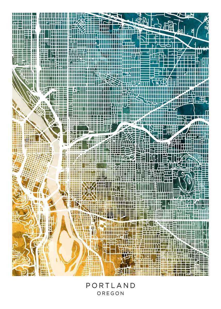 'Portland Oregon Map' Poster, picture, metal print, paint by Michael ...