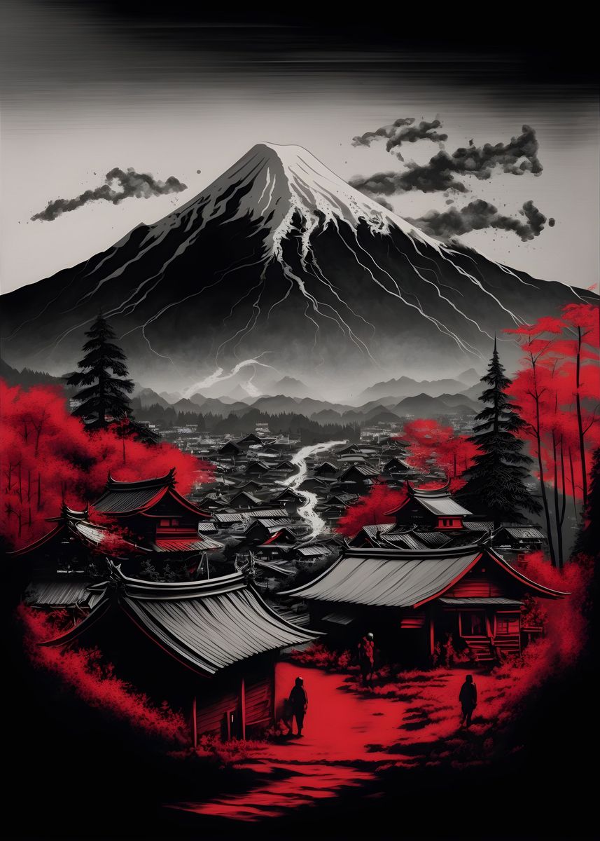 'Fuji mount Red black Grey' Poster, picture, metal print, paint by ...