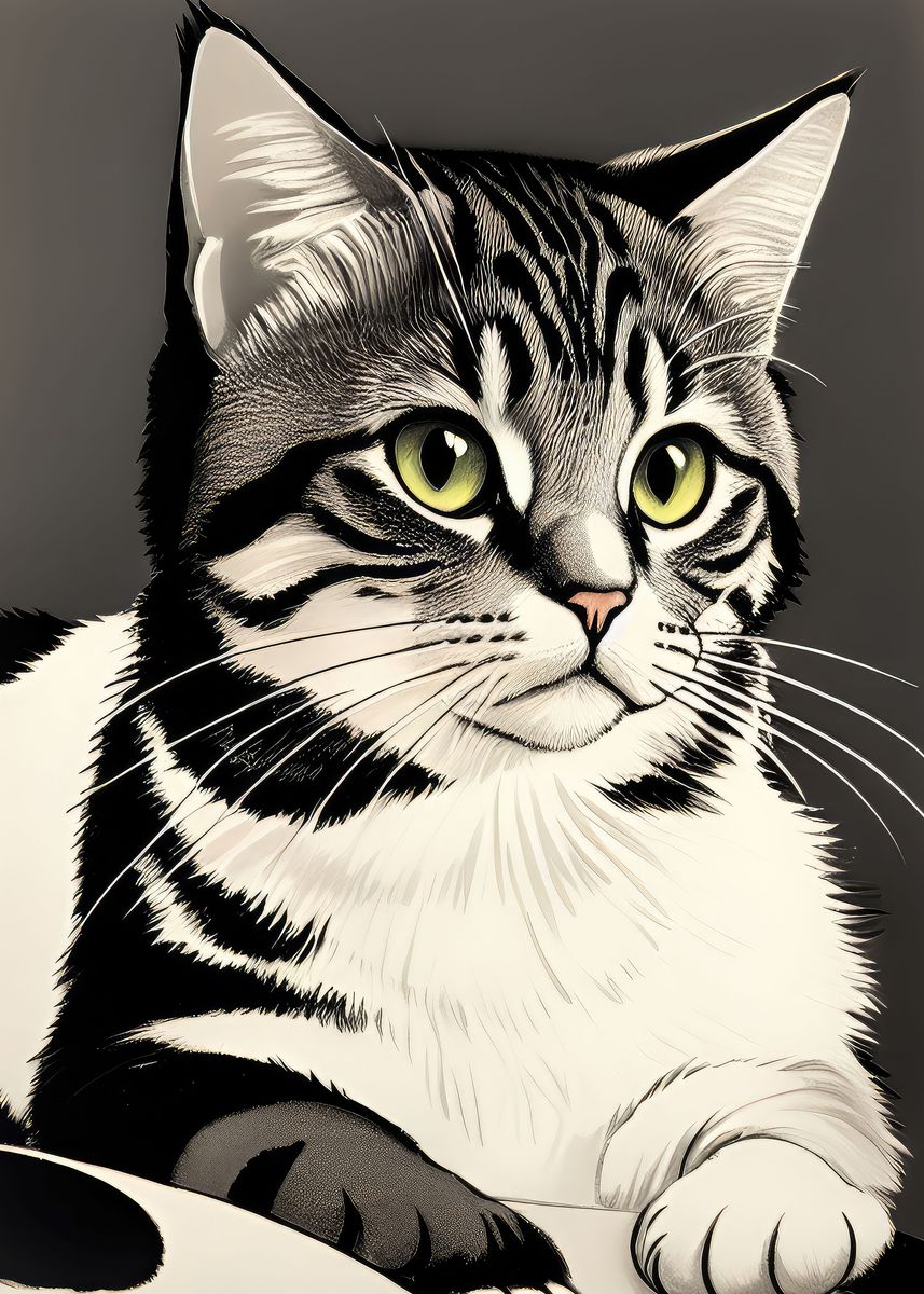 'Retro Cat Linocut' Poster, picture, metal print, paint by ...