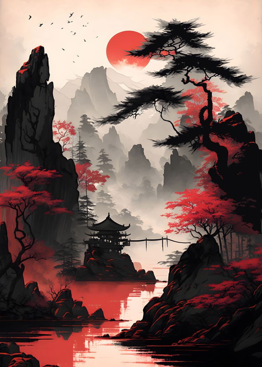 'Red Black Asian Style ' Poster, picture, metal print, paint by Leika ...