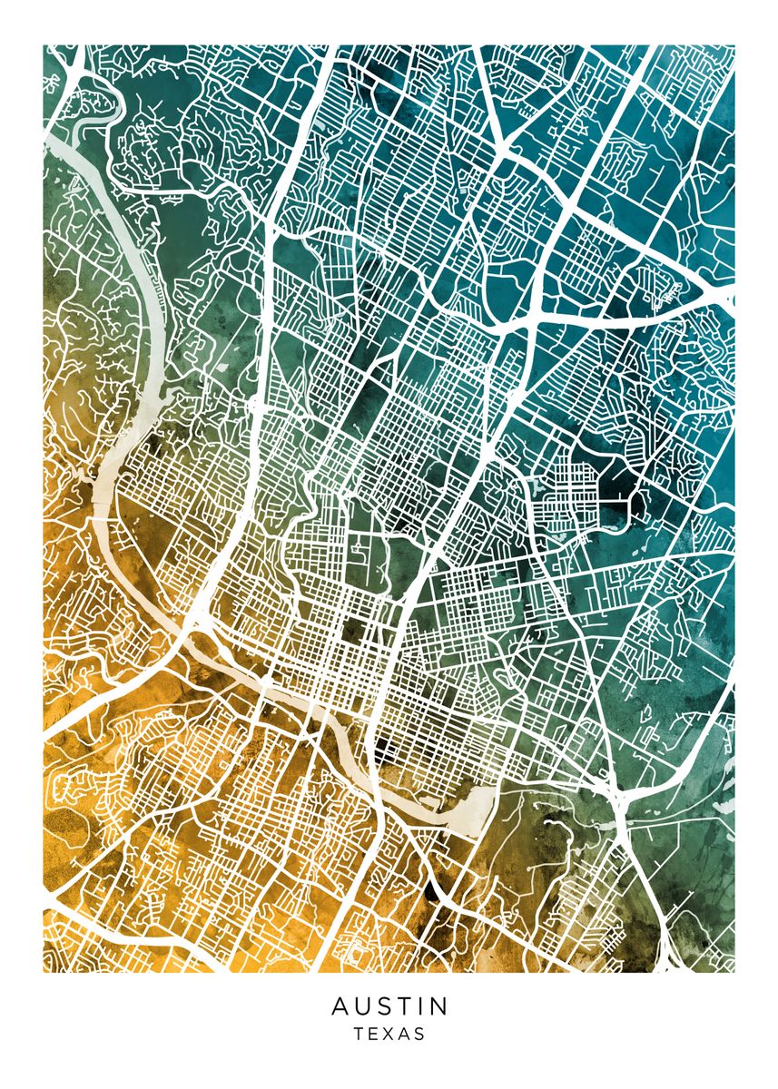 'Austin Texas Map' Poster, picture, metal print, paint by Michael ...