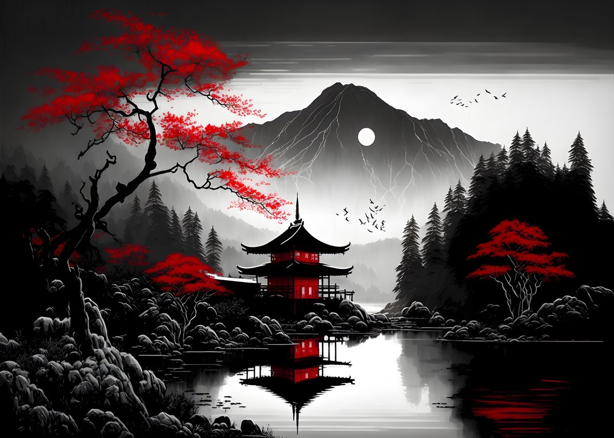 'Red Black japanese ' Poster by Leika Satoshi | Displate
