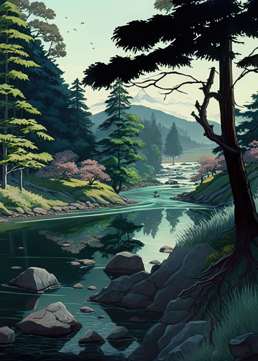 'River surrounded by trees' Poster, picture, metal print, paint by ...