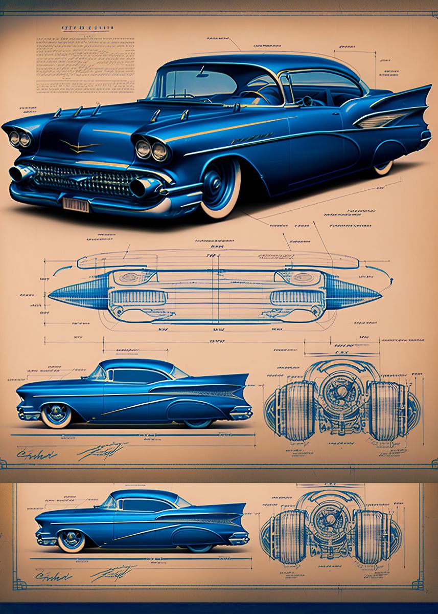 'cars blueprints' Poster, picture, metal print, paint by Huevel | Displate