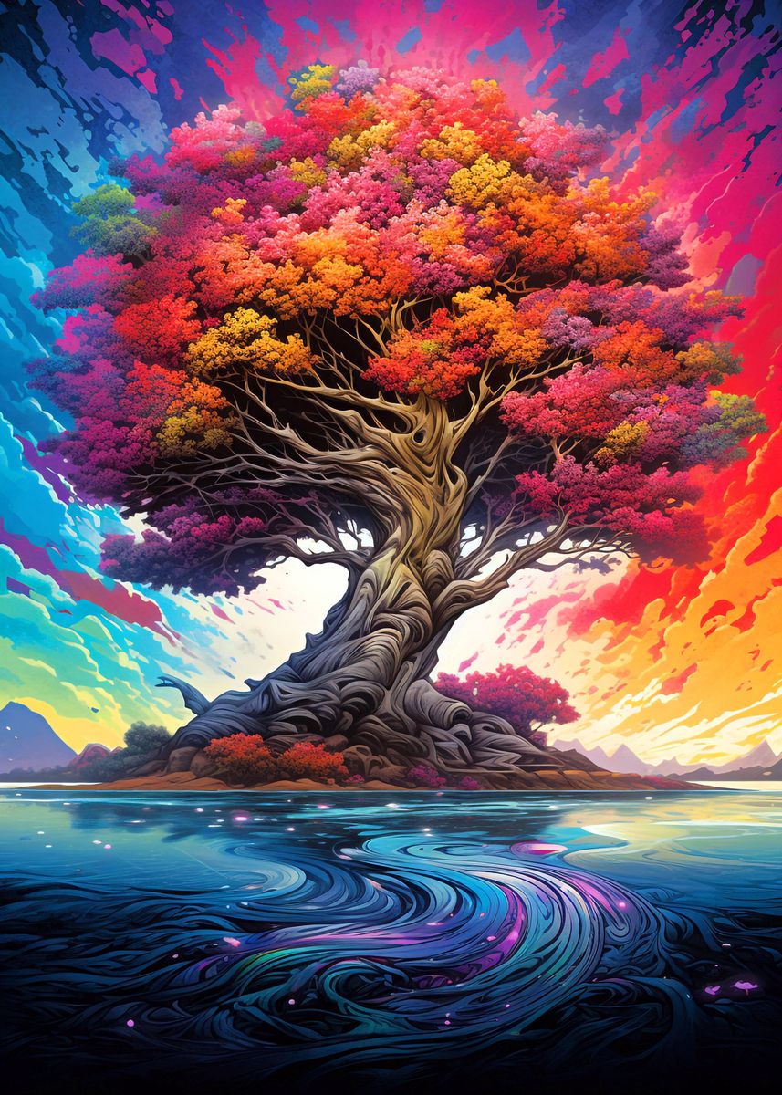 'Colorful Big Tree at Lake' Poster, picture, metal print, paint by Max ...