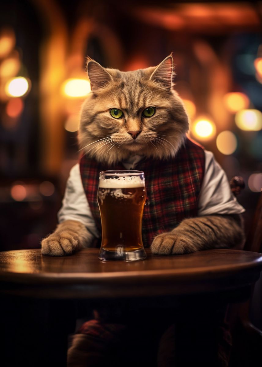 'Cat With Beer' Poster, picture, metal print, paint by AnHa | Displate