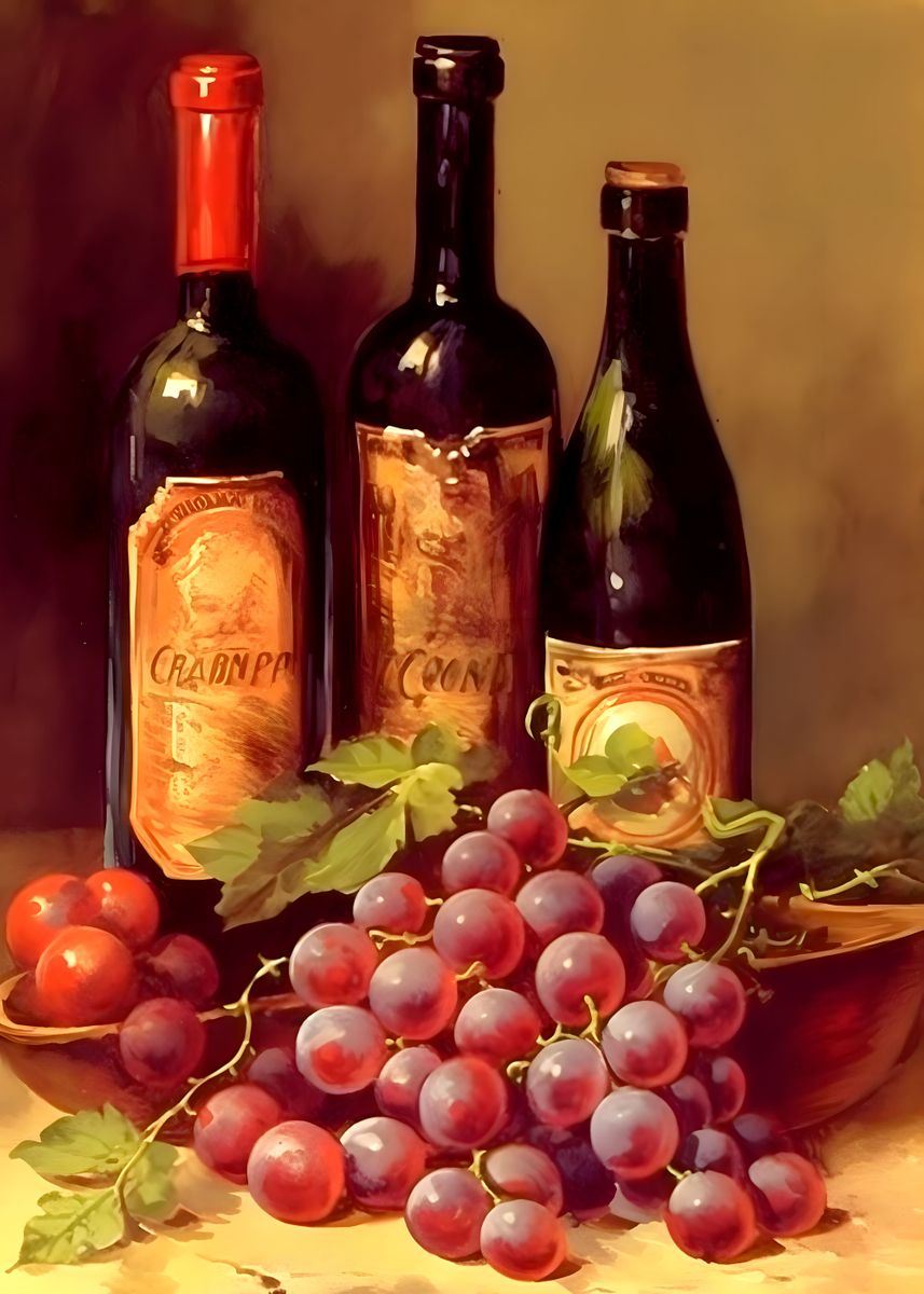 'Painted Wine And Grapes' Poster, picture, metal print, paint by Pixel ...