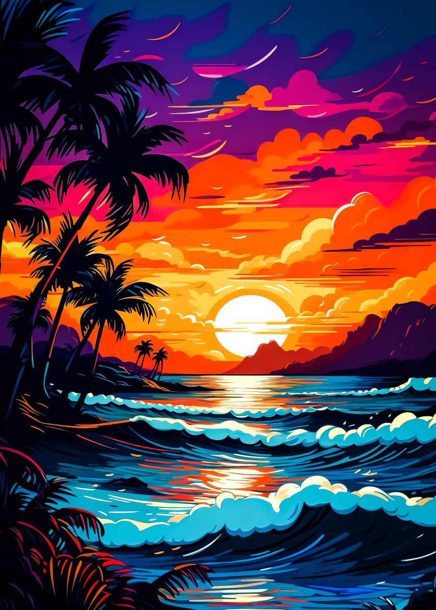 'Retro Beach Sunset' Poster, picture, metal print, paint by 5Fine ...