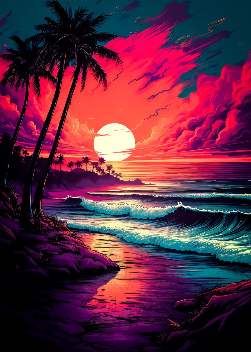 'Retro Beach Sunset' Poster, picture, metal print, paint by 5Fine ...