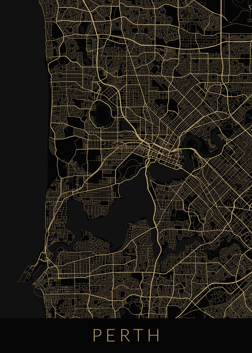 'Perth Map Black Gold' Poster, picture, metal print, paint by dkDesign ...