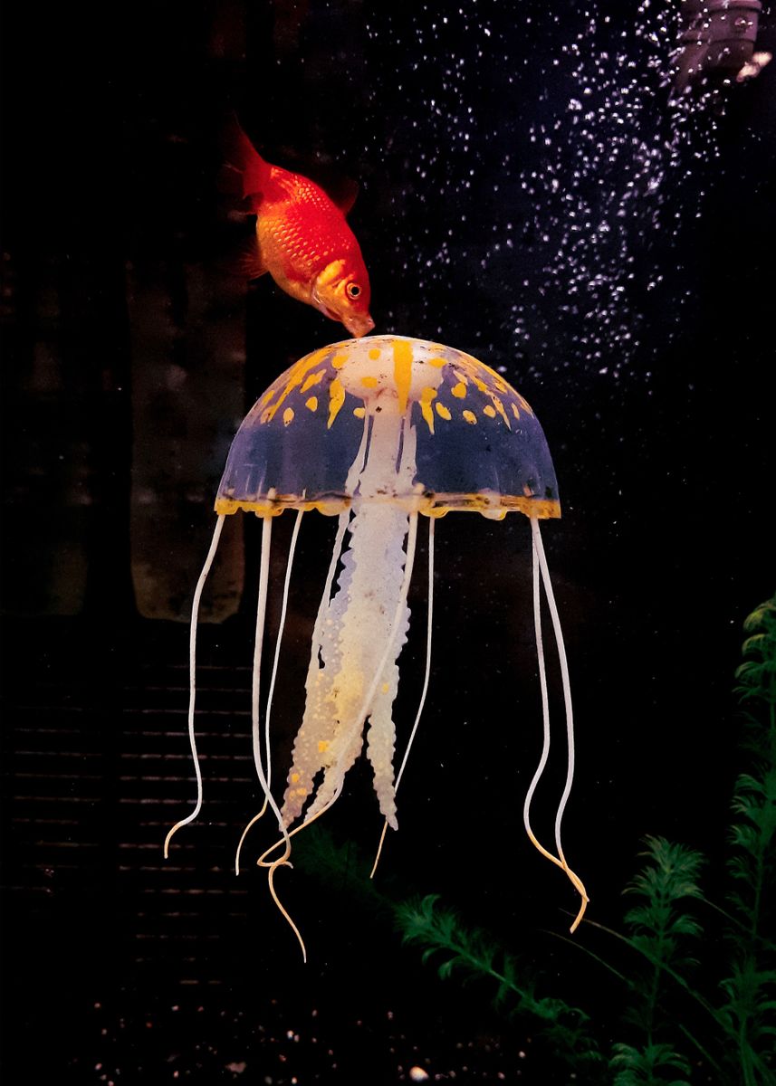 'goldfish and small jellyfi' Poster, picture, metal print, paint by ...