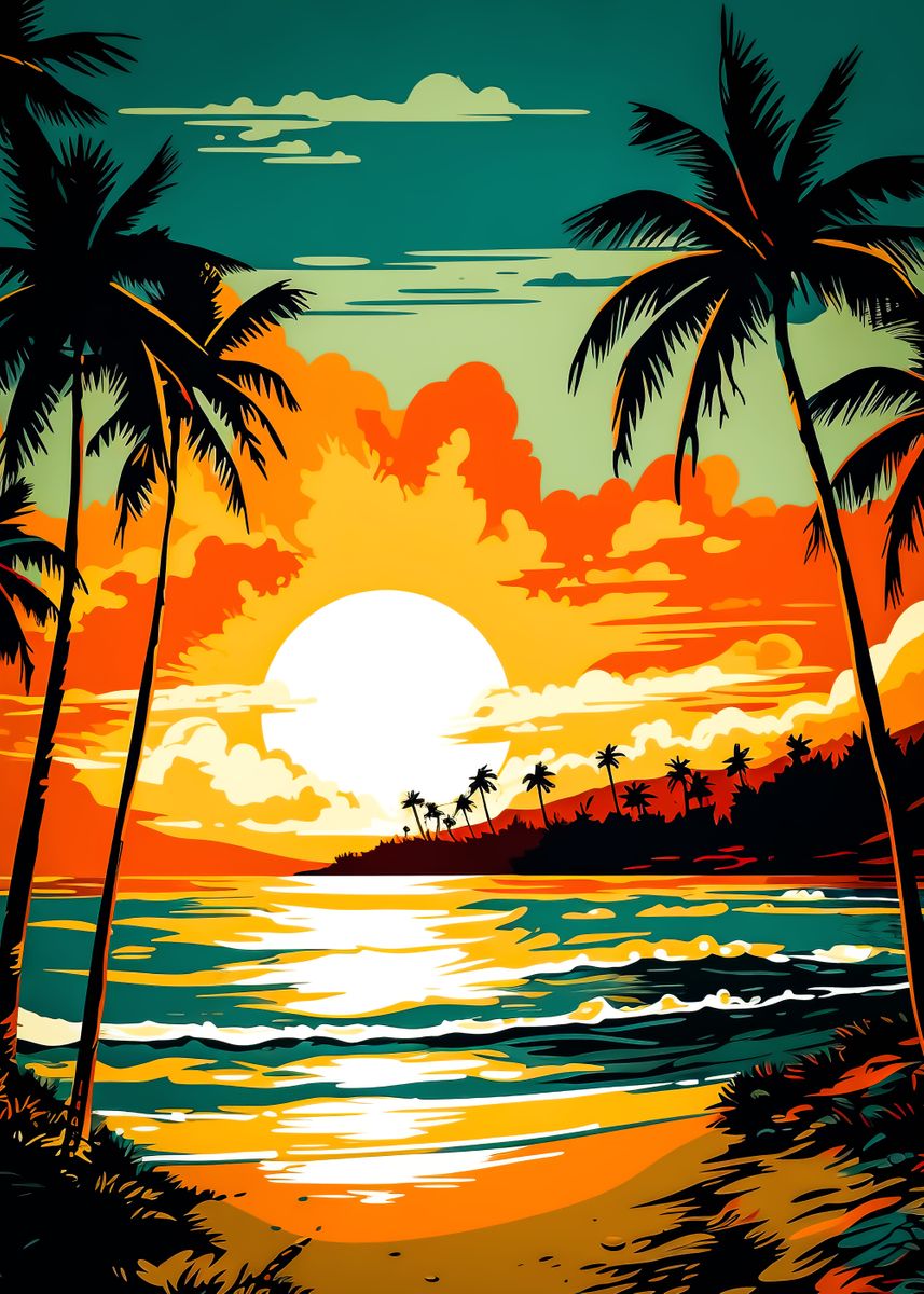 'Retro Beach Sunset' Poster, picture, metal print, paint by 5Fine ...