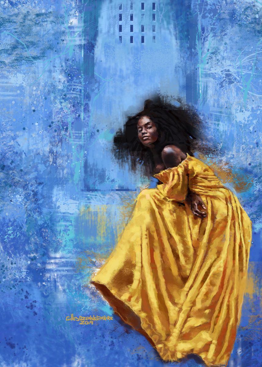 'Black woman yellow dress' Poster, picture, metal print, paint by ...