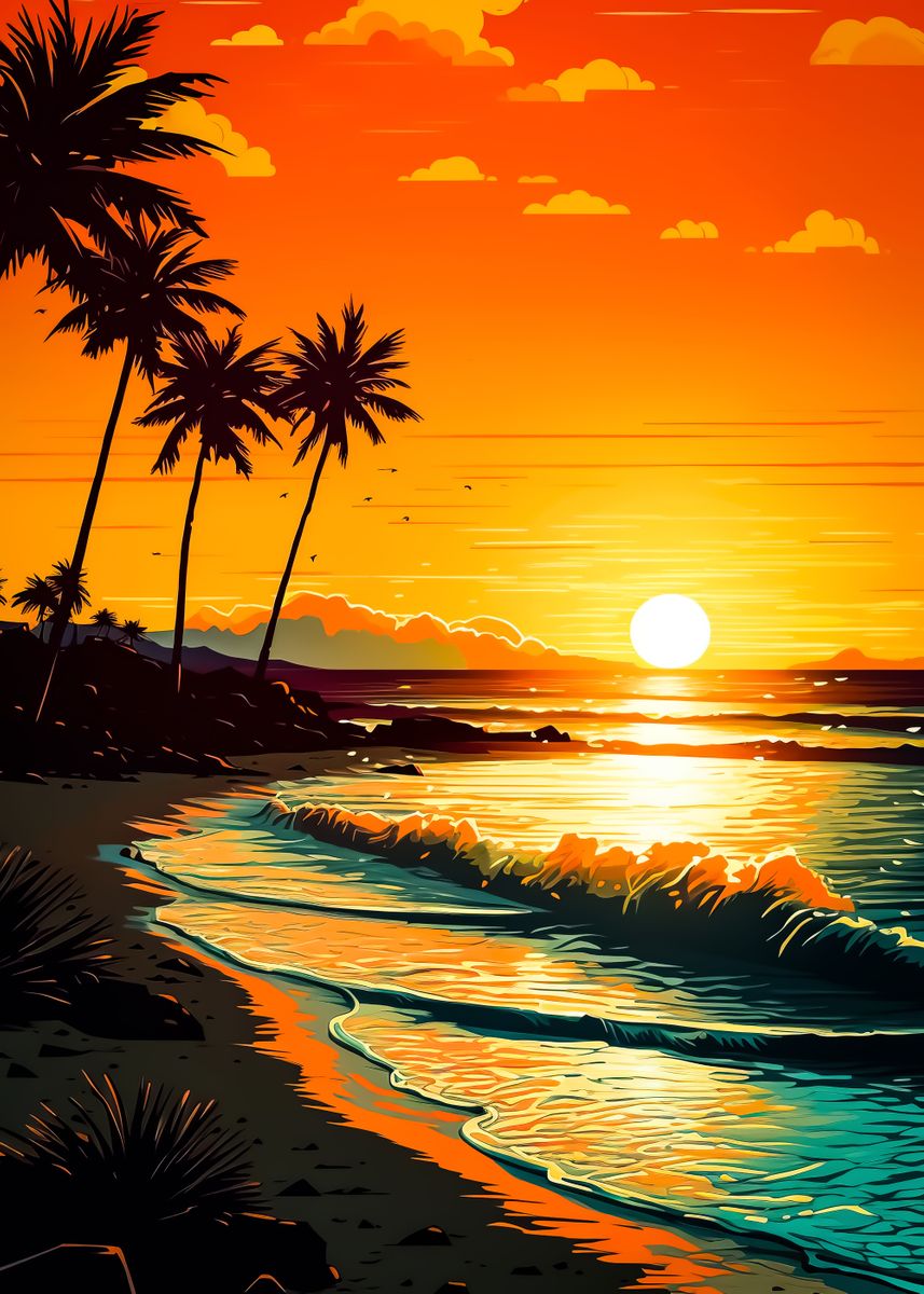 'Retro Beach Sunset' Poster, picture, metal print, paint by 5Fine ...