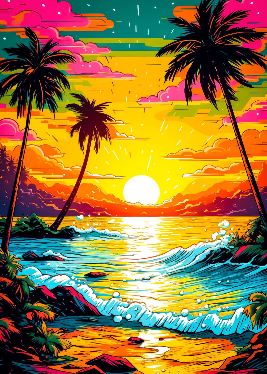 'Retro Beach Sunset' Poster, picture, metal print, paint by 5Fine ...