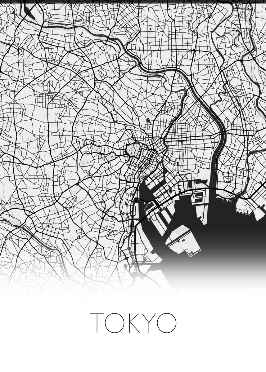 'Tokyo black white map' Poster, picture, metal print, paint by Vardi ...