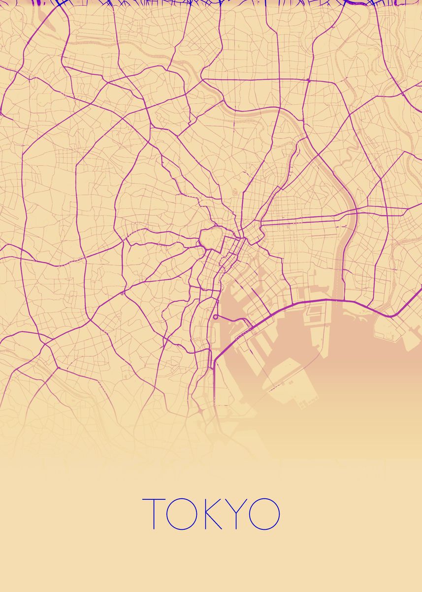'Tokyo orange purple map' Poster, picture, metal print, paint by Vardi ...
