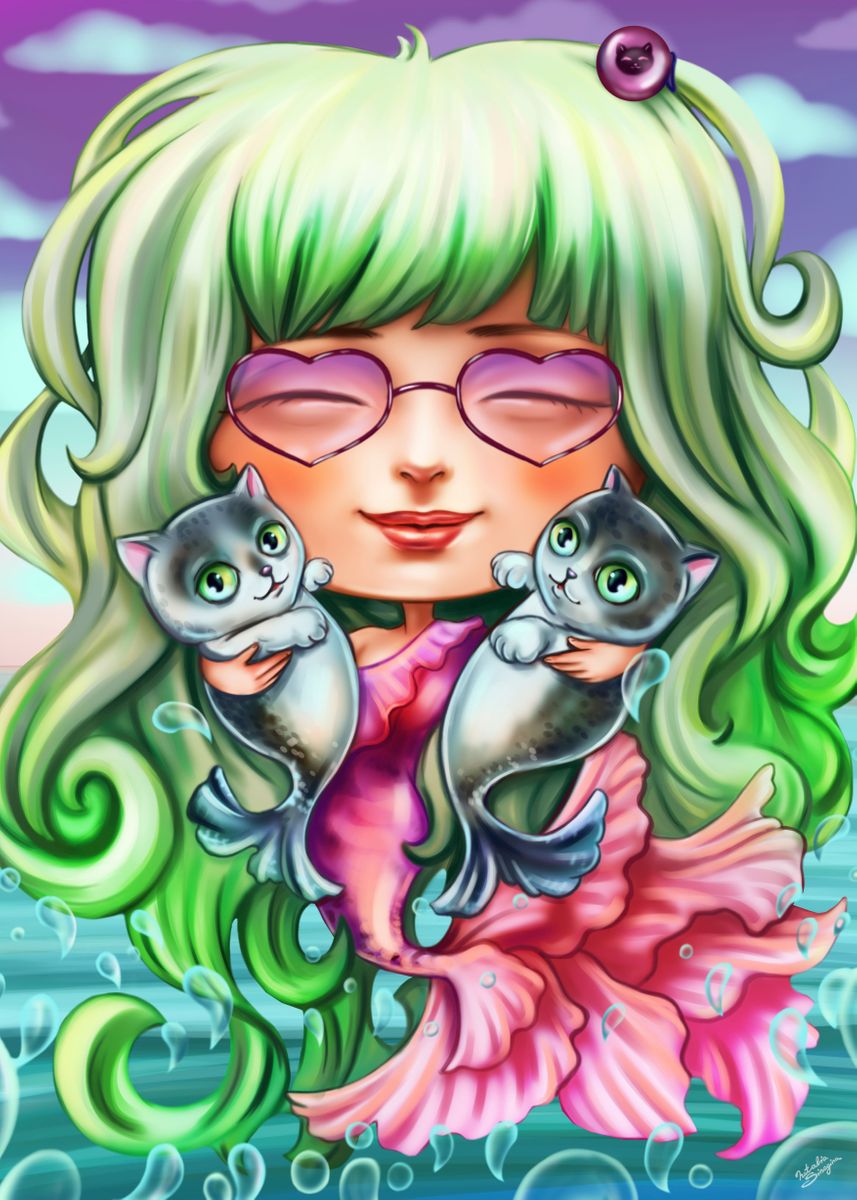 'Mermaid with pets' Poster, picture, metal print, paint by Natalia ...