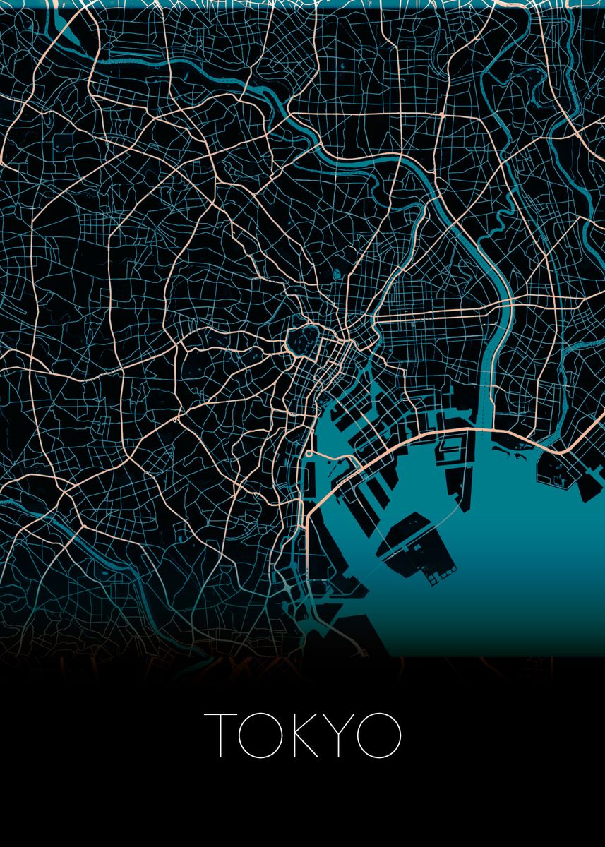 'Tokyo black blue city map' Poster, picture, metal print, paint by ...