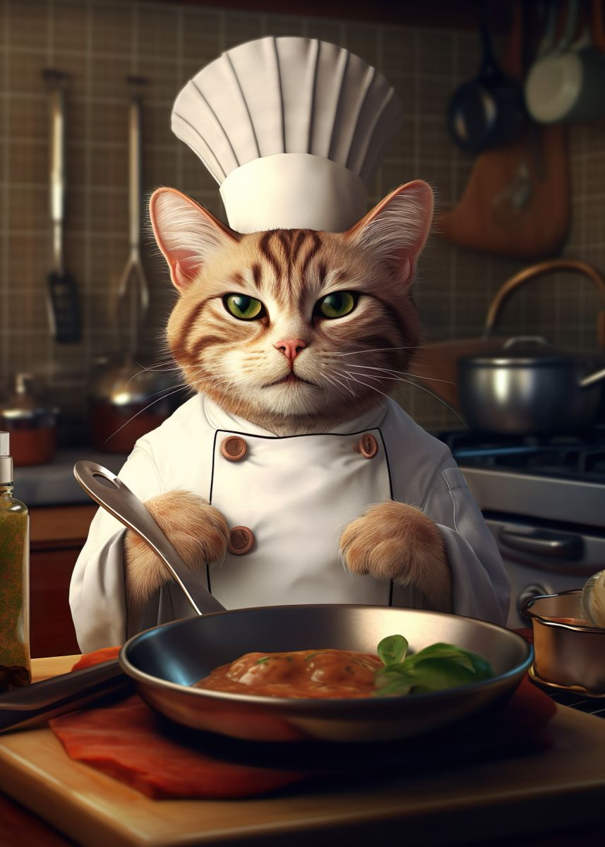'Cat Chef Pan Cook' Poster, picture, metal print, paint by AyrioArt ...