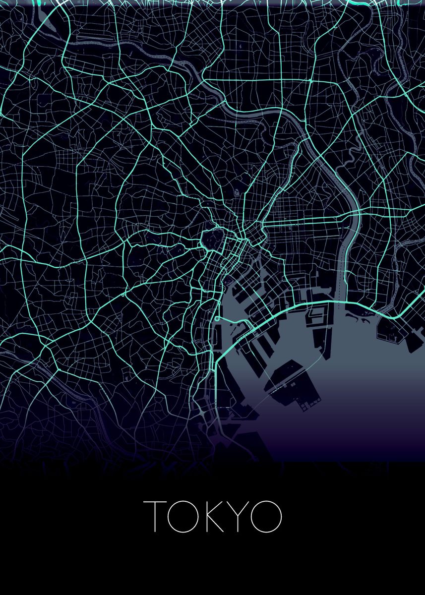 'Tokyo green neon map' Poster, picture, metal print, paint by Vardi ...