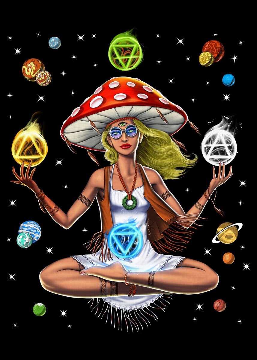 'Mushroom Hippie Yoga' Poster, picture, metal print, paint by Psychonautica | Displate