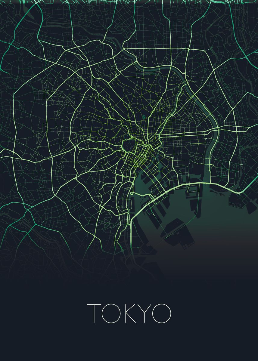 'Tokyo green neon map' Poster, picture, metal print, paint by Vardi ...