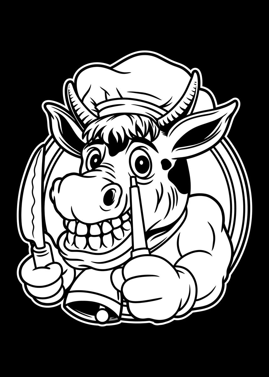 'Cow Chef Mascot BnW' Poster, picture, metal print, paint by hendra ...