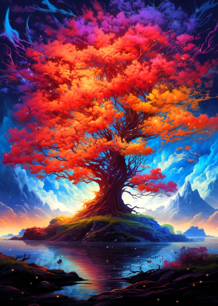 'Colorful Big Tree at Lake' Poster, picture, metal print, paint by Max ...