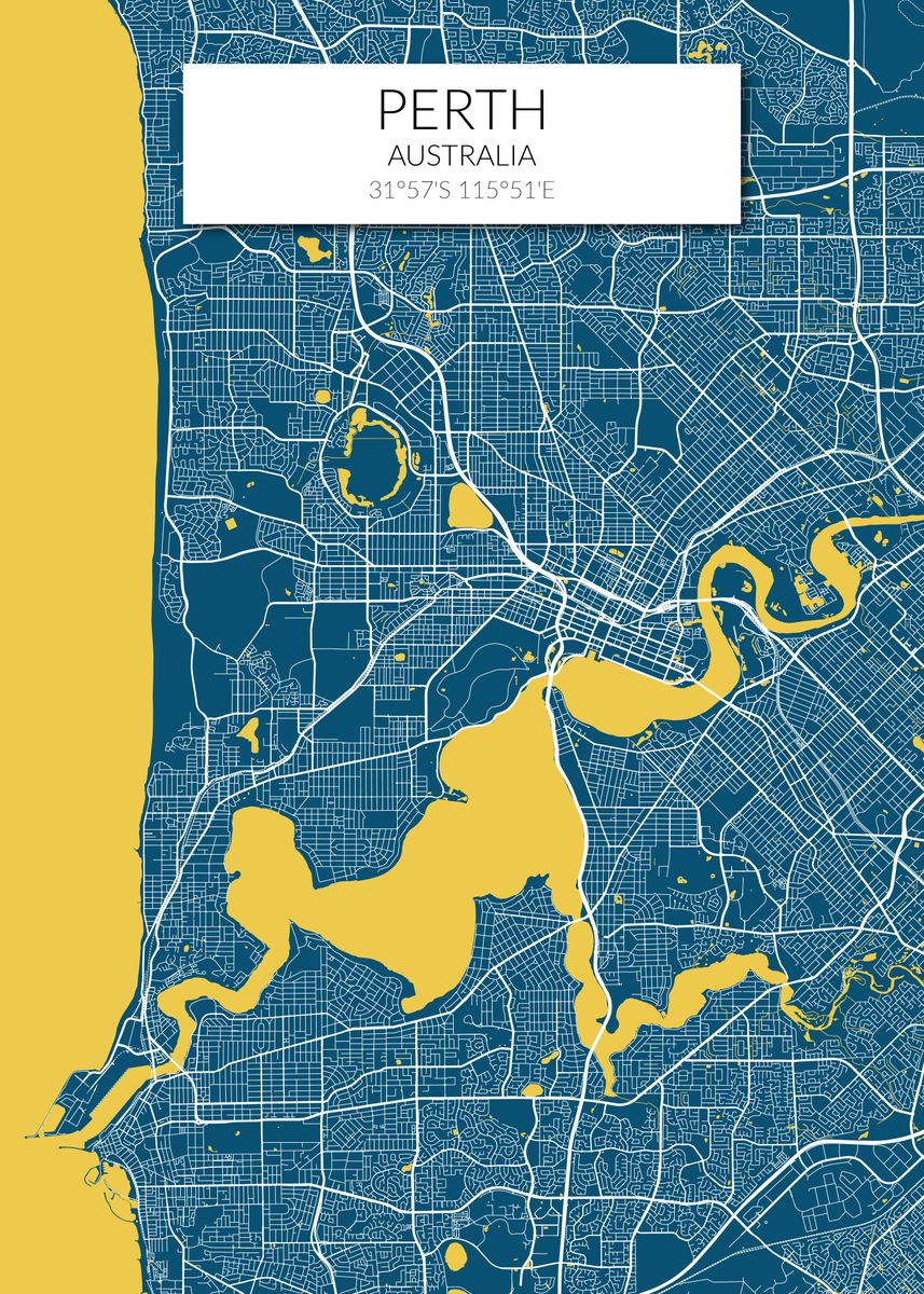 'Perth Map Blue Yellow' Poster, picture, metal print, paint by dkDesign ...