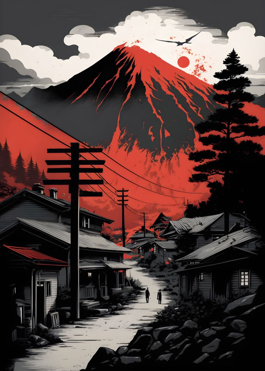'Red black Fuji mount' Poster, picture, metal print, paint by Leika ...
