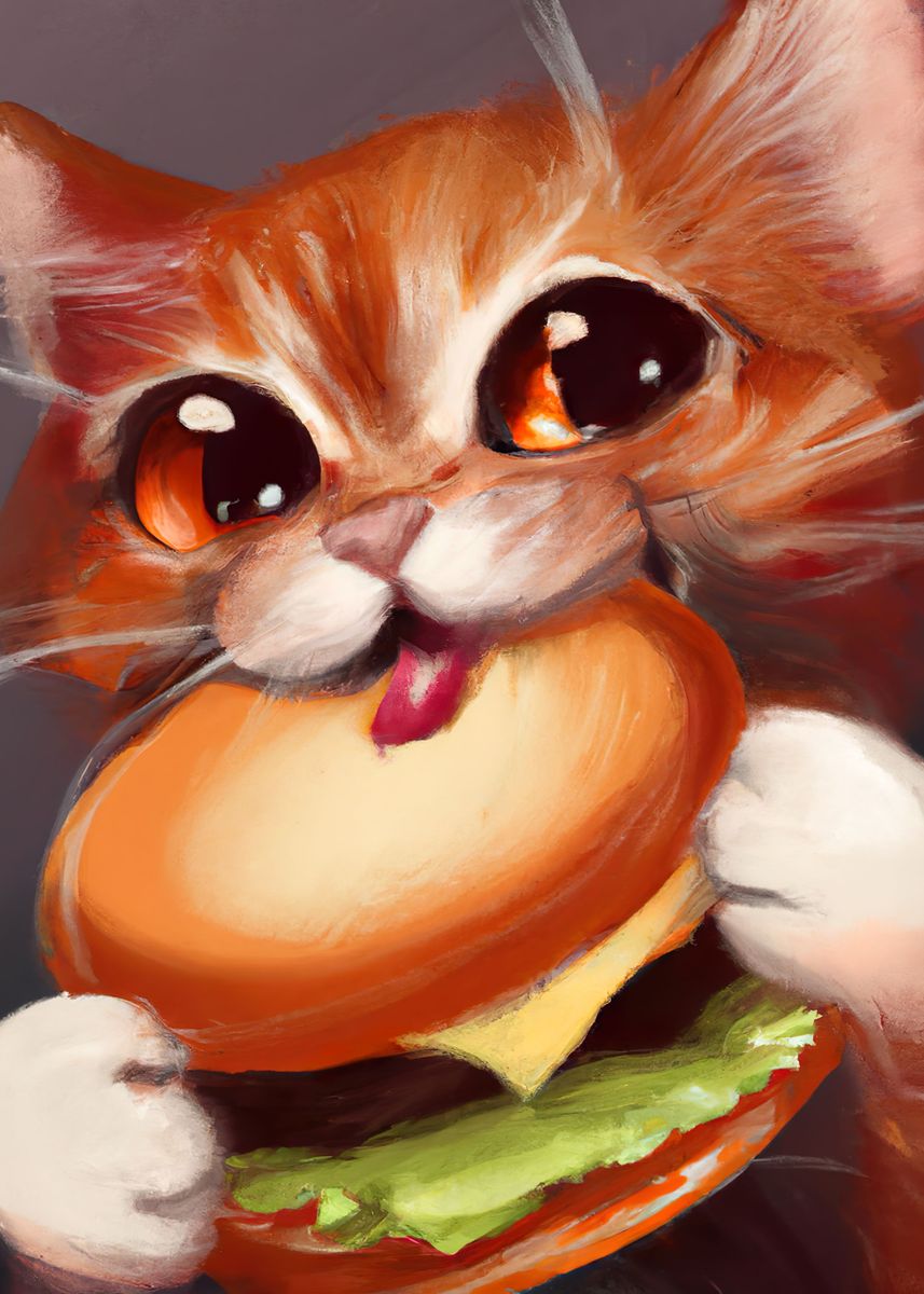 'Cat eating Burger' Poster, picture, metal print, paint by maxdesign ...