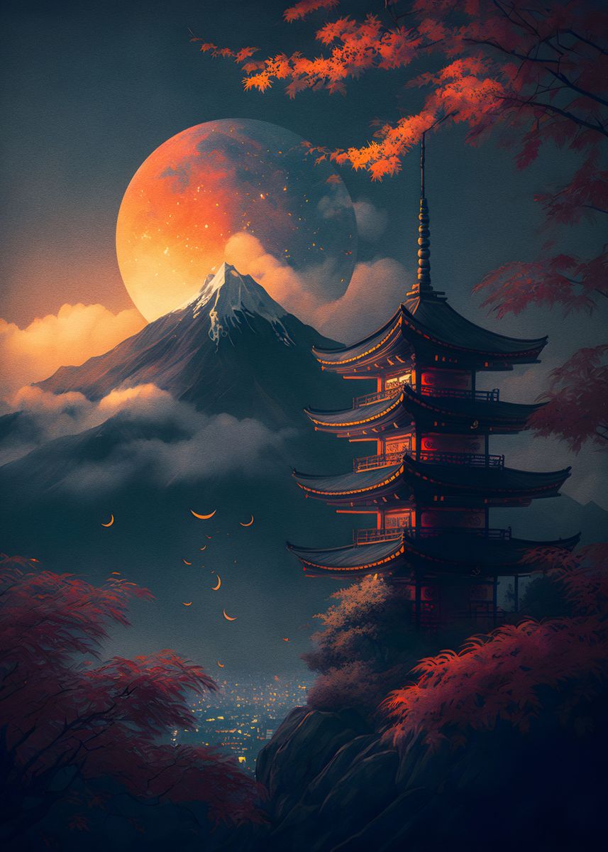 'Japanese night landscape' Poster, picture, metal print, paint by ...