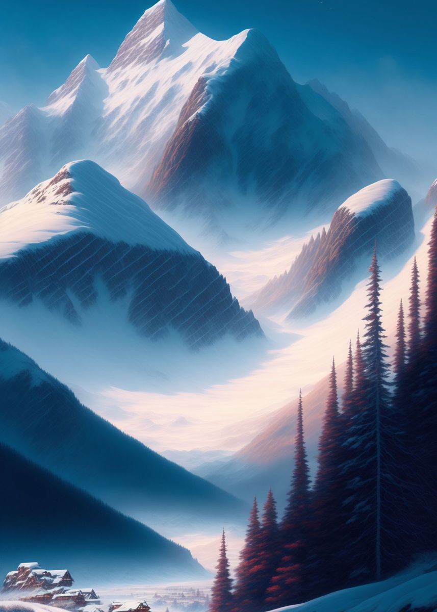 'Snowy Summit Majesty' Poster, picture, metal print, paint by ...