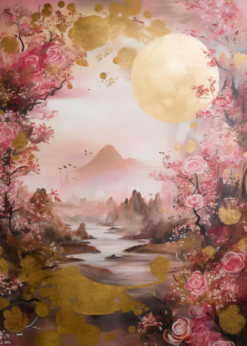 'Pink And Gold Dreamscape' Poster, picture, metal print, paint by ...